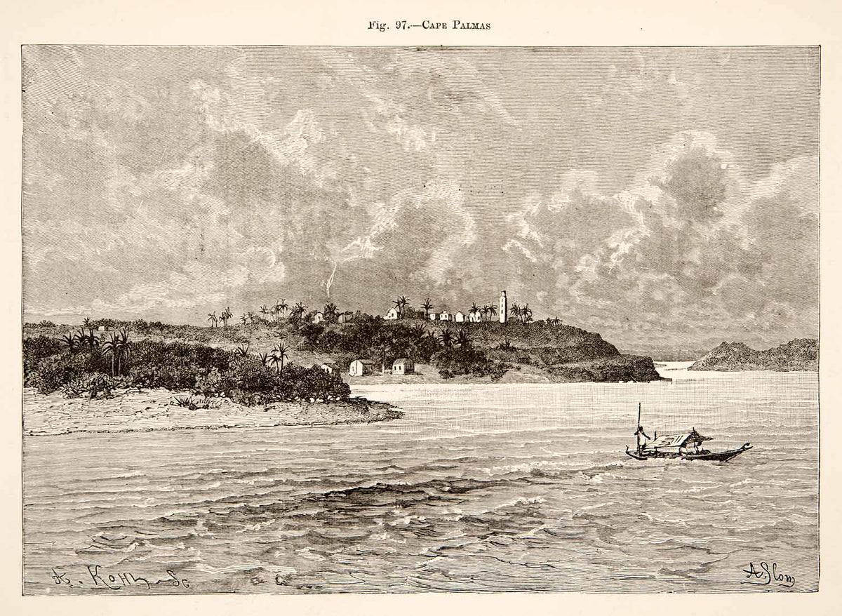 1892 Wood Engraving Cape Palmas Lighthouse Liberia Harper Shoals Afric ...