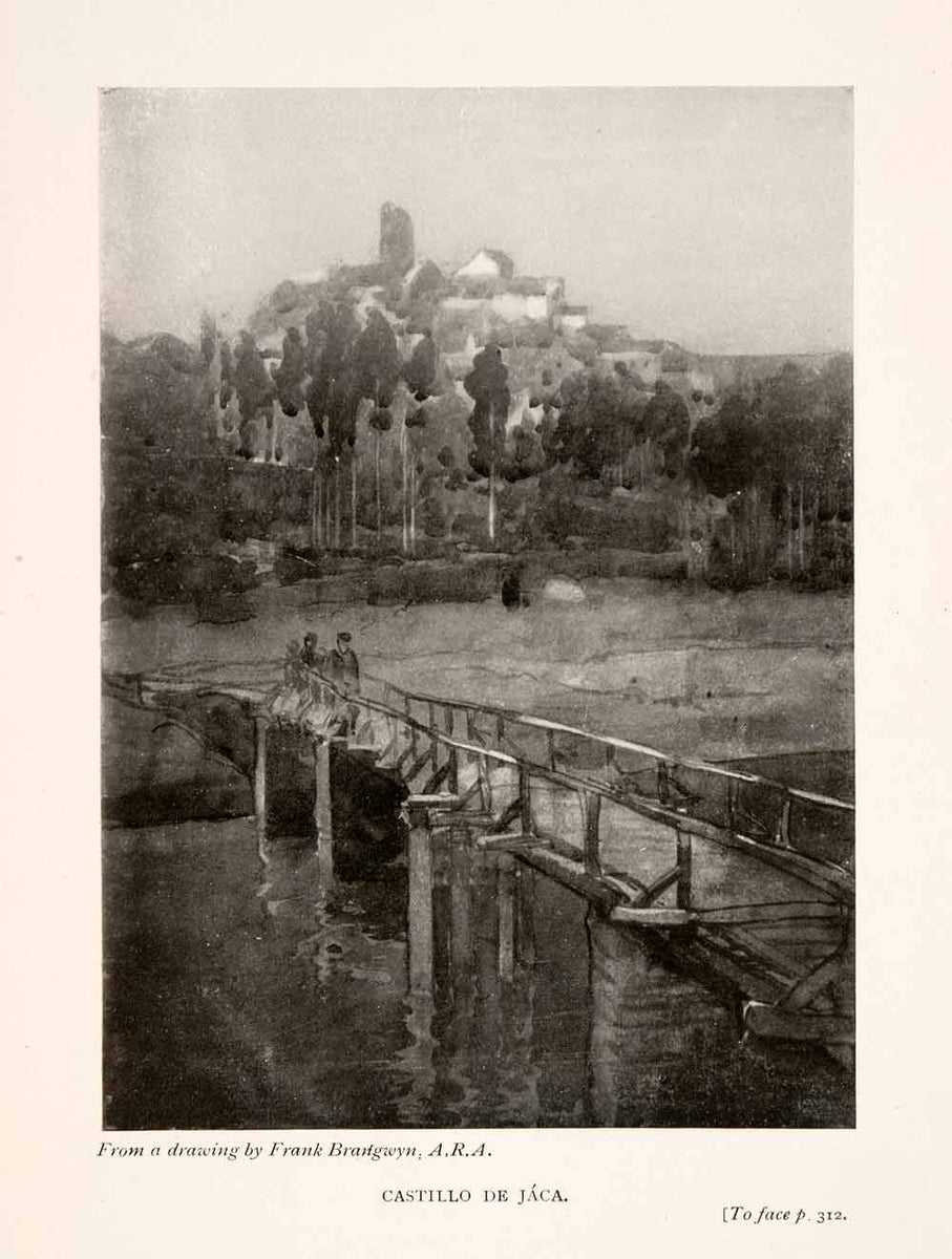 1905 Print Frank Brangwyn Art Castiello Jaca Aragon Spain Cityscape XG ...