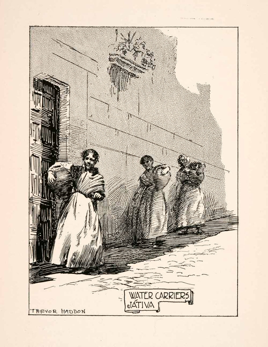 1905 Lithograph Jativa Xativa Spain Water Carrier Women Trevor Haddon ...