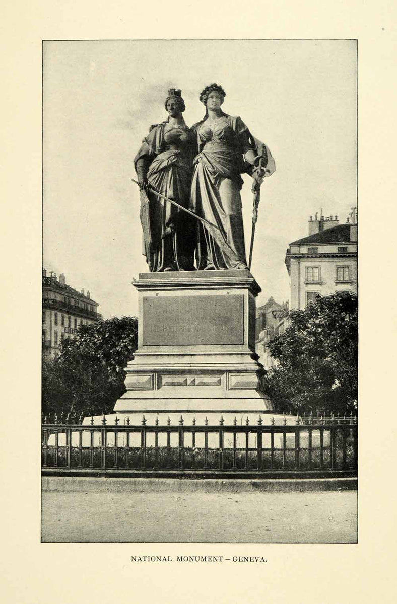 1901 Print National Monument Geneva Switzerland Statue Ladies Fence XG ...