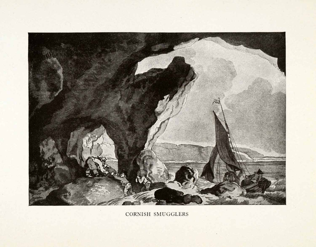 1925 Halftone Print Cornish Smuggler Ship Cove Cave England Coast 18th ...