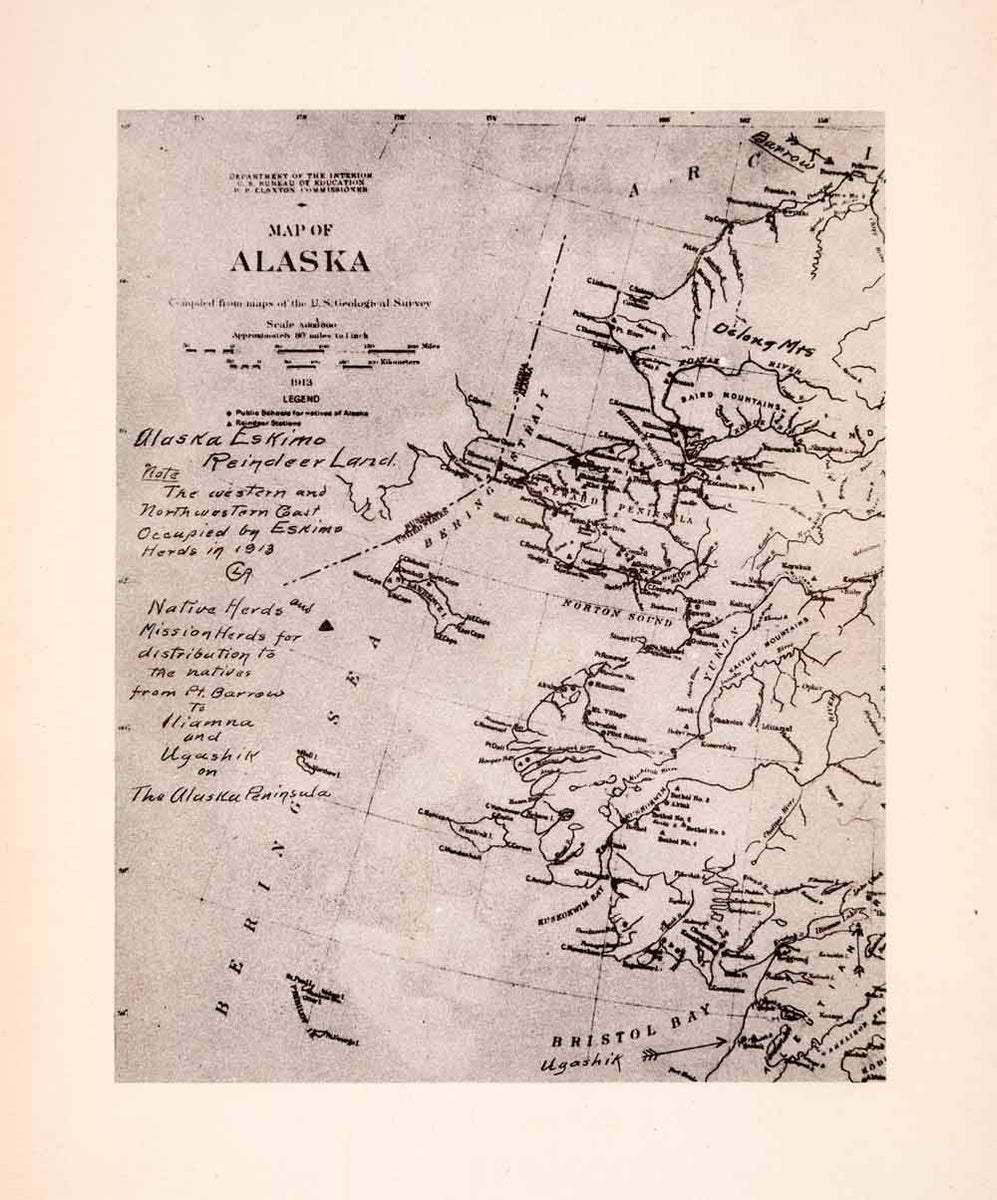 1939 Halftone Print Map Alaska Bering Sea Strait Norton Sound Eskimo X ...