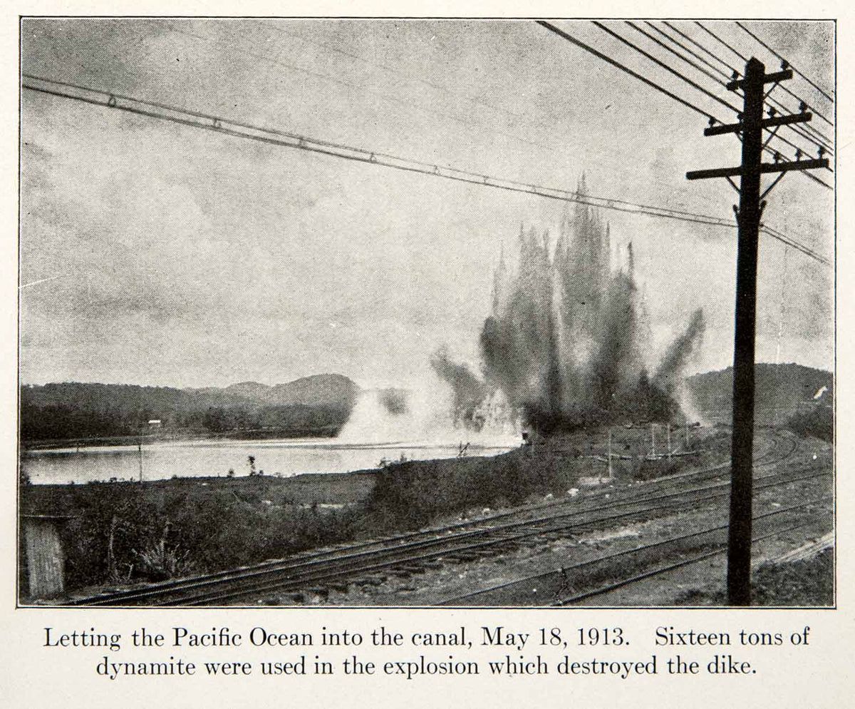 1913 Print Pacific Ocean Canal Panama Explosion Dynamite Dike Railway ...
