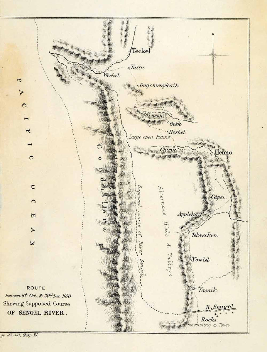 1871 Wood Engraving Map Patagonia Sengel River Mountains Ocean Village ...