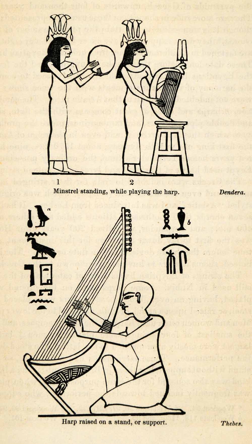 1854 Woodcut Ancient Egyptian Minstrel Harp Musician Hieroglyphics XGP ...