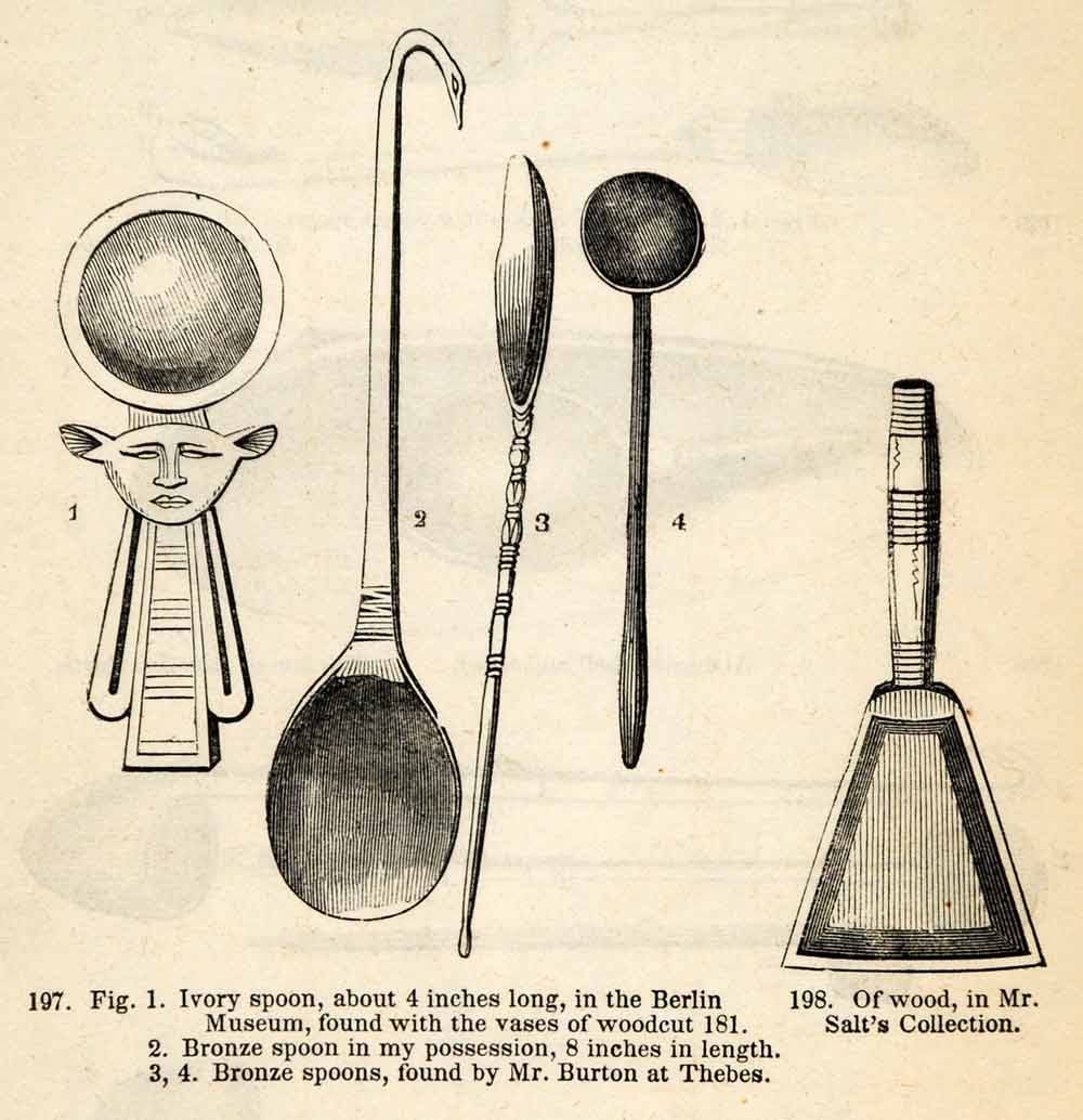 1854 Woodcut Ancient Egyptian Spoons Silverware Archaeological Artifac ...
