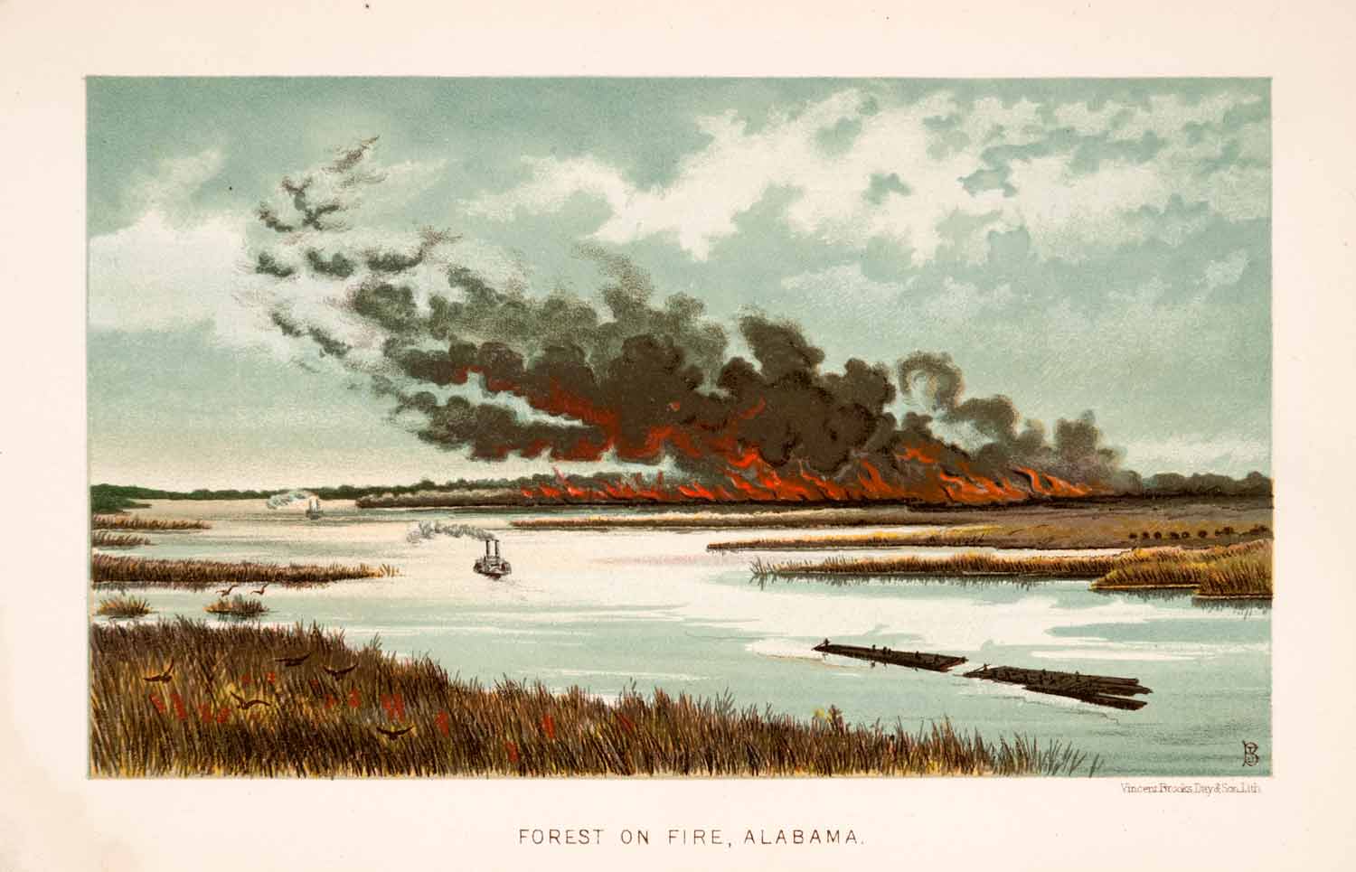 1883 Chromolithograph Forest Fire Alabama Landscape Thomas Unett XGPA4 ...