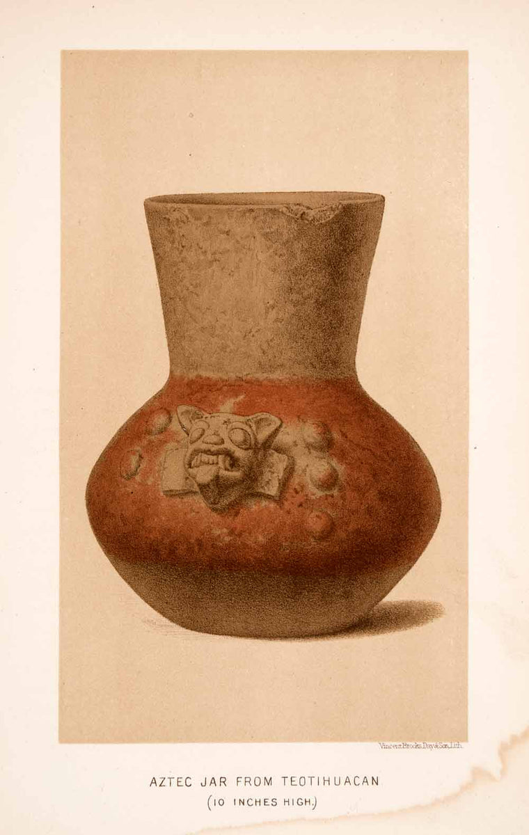 1883 Chromolithograph Orange Pottery Teotihuacan Aztec Jar Thomas XGPA ...