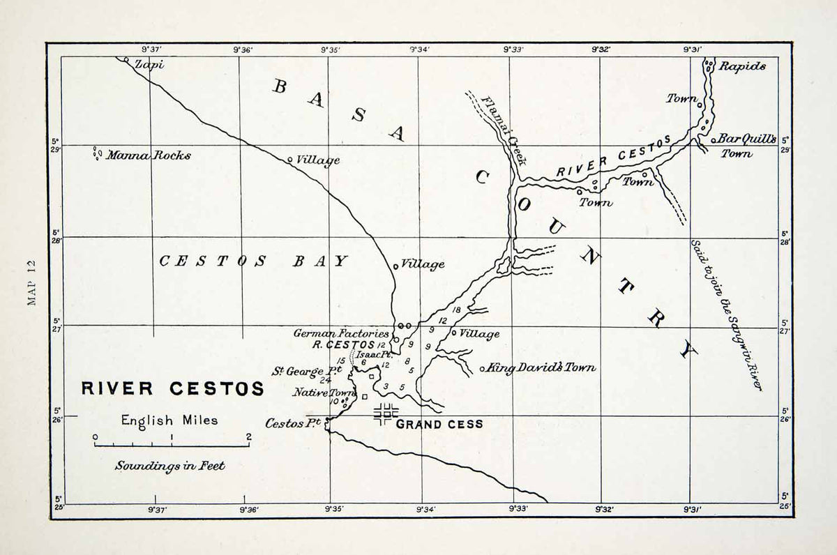 1906 Lithograph Antique Africa Map River Cestos Bassa Cartography J. W ...