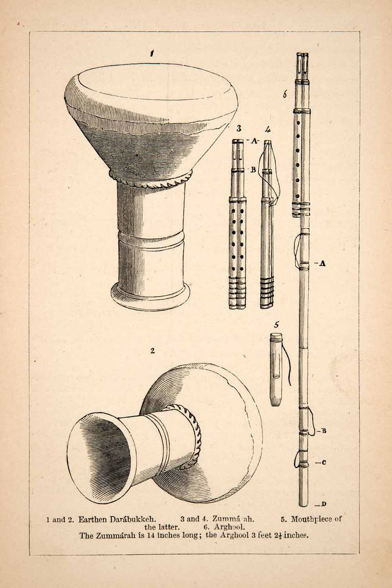 1871 Wood Engraving Egyptian Musical Instrument Goblet Hand Drum Zumma ...