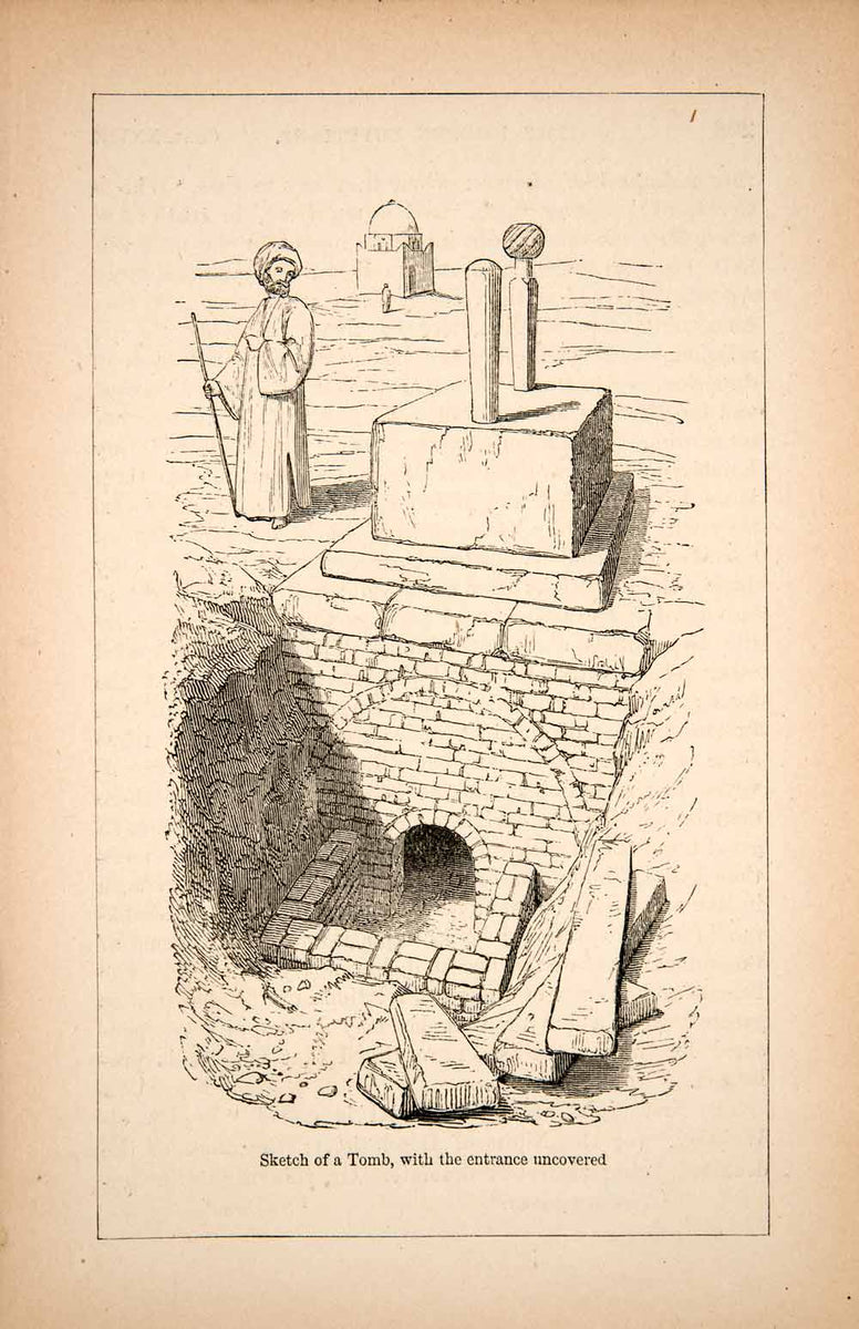 1871 Wood Engraving Tomb Headstone Grave Cairo Cemetery Tarkeebeh Marb ...
