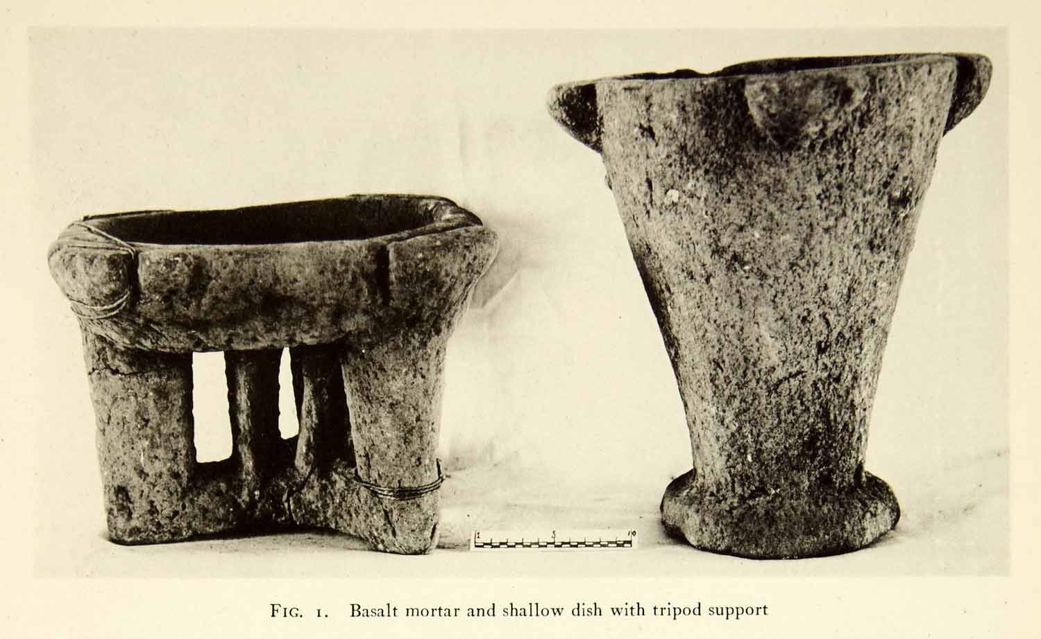1937 Collotype Basalt Mortar Dish Tripod Archeology Israel Sepphoris X ...