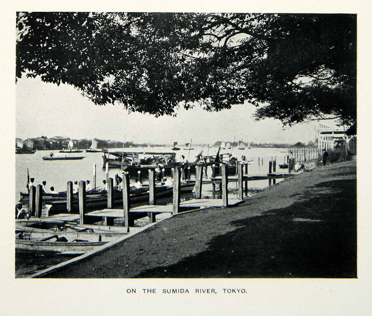 1909 Print Piers Boats Sumida Gawa River Tokyo Japan Park Koen Sail Ju ...