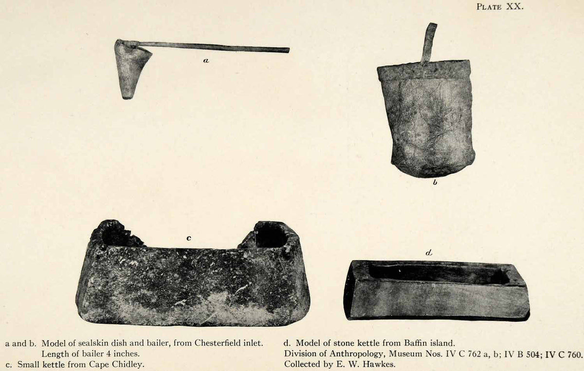 1916 Halftone Print Inuit Sealskin Dish Stone Kettles Cooking Utensils ...