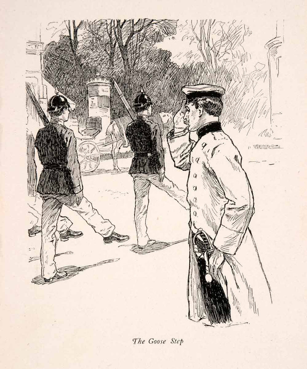 1902 Wood Engraving German Goose Step Military Marching Instructor Arm ...
