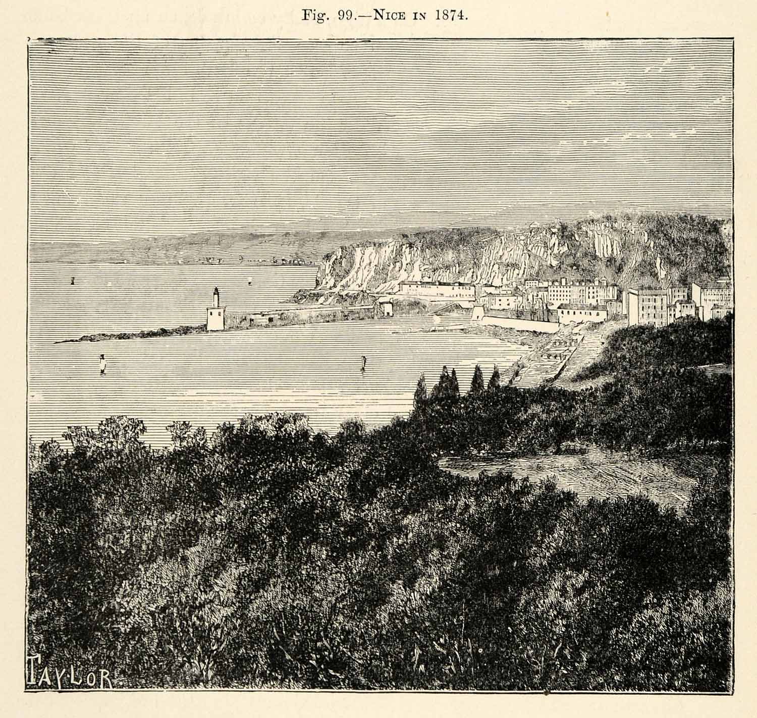 1882 Wood Engraving Nice France Landscape Scenery Hillside Port XGS6 ...