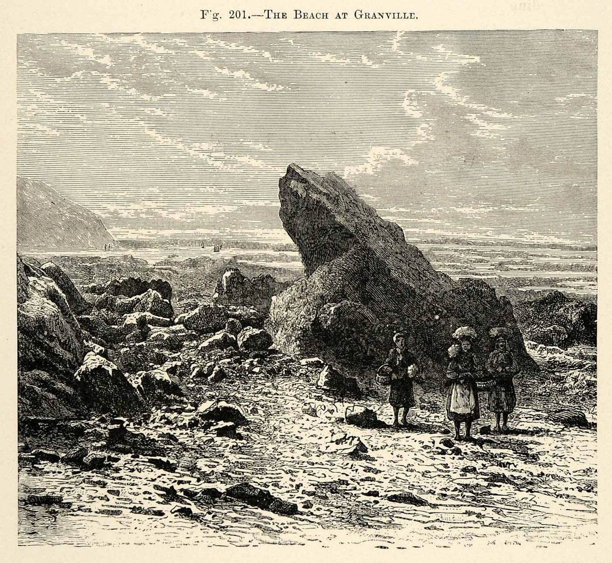 1882 Wood Engraving Beach Granville France Manche Granvillais Landscap ...
