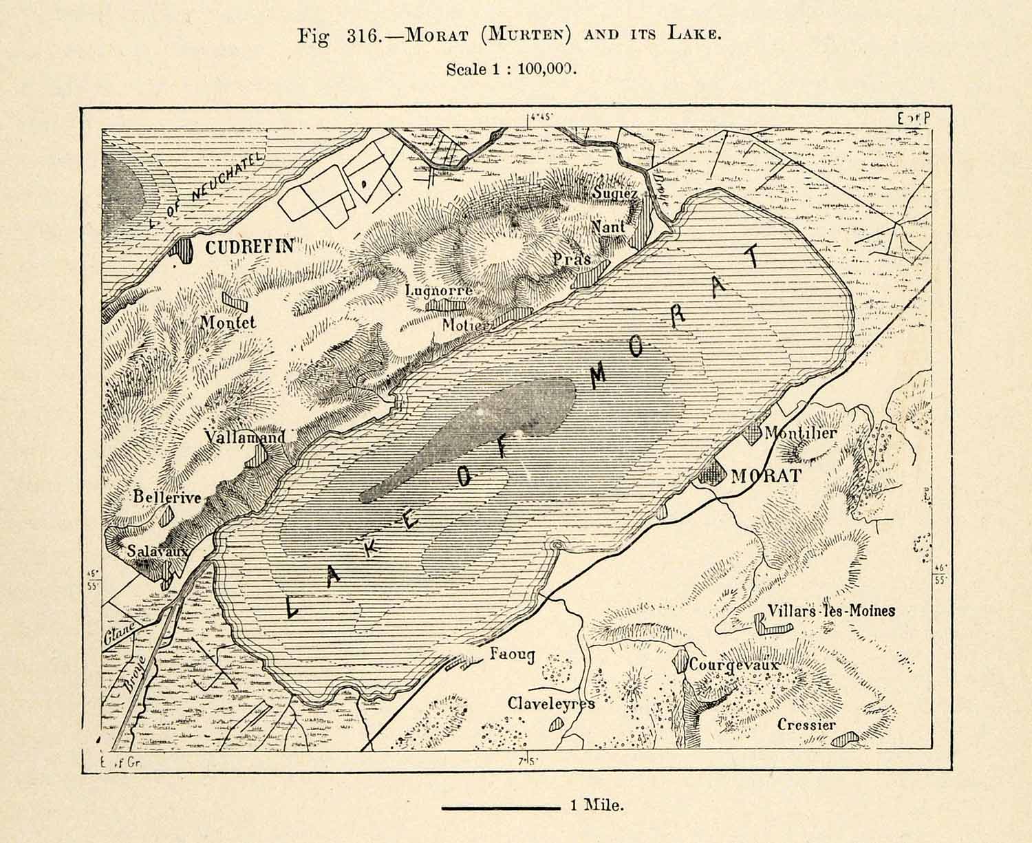 1882 Relief Line-block Map Morat Murten Lake Switzerland Faoug Clavele ...