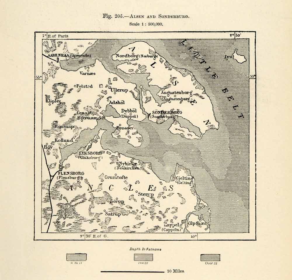 1882 Relief Line-block Map Alsen Als Island Sonderburg Dybbol Alssund ...