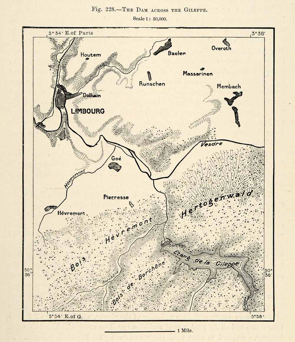1882 Relief Line-block Map Limbourg Hertogenwald Etang Belgium Map Ove ...