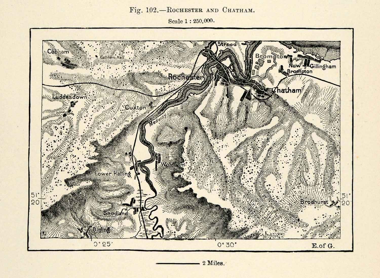 1882 Relief Line-block Map Rochester Chatham Cuxton Map Cobham Luddesd ...