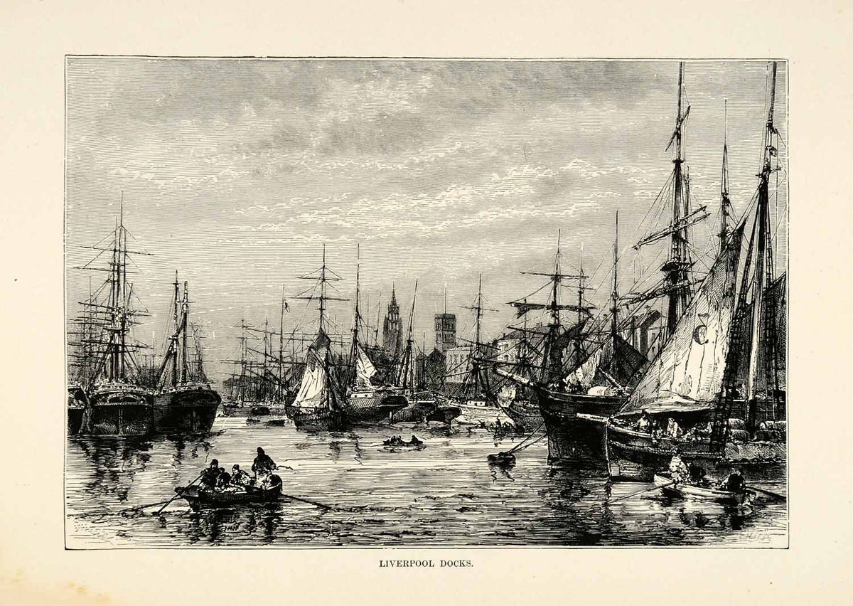 1882 Wood Engraving Liverpool Docks England Maritime Ships River Merse ...