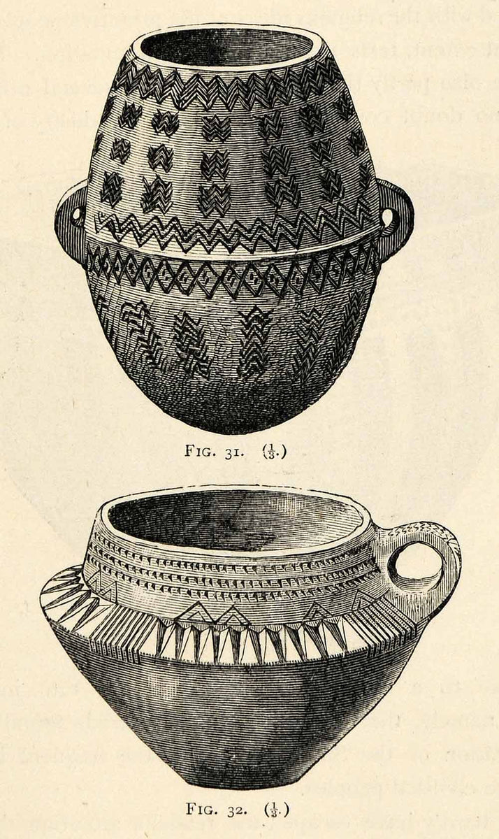 1882 Woodcut Later Stone Age Earthen Vessels Archaeological Old Denmar ...