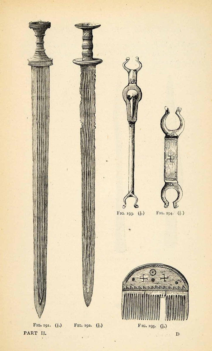 1882 Woodcut Archaeological Swords Mount Scabbards Bone Comb Ornament ...