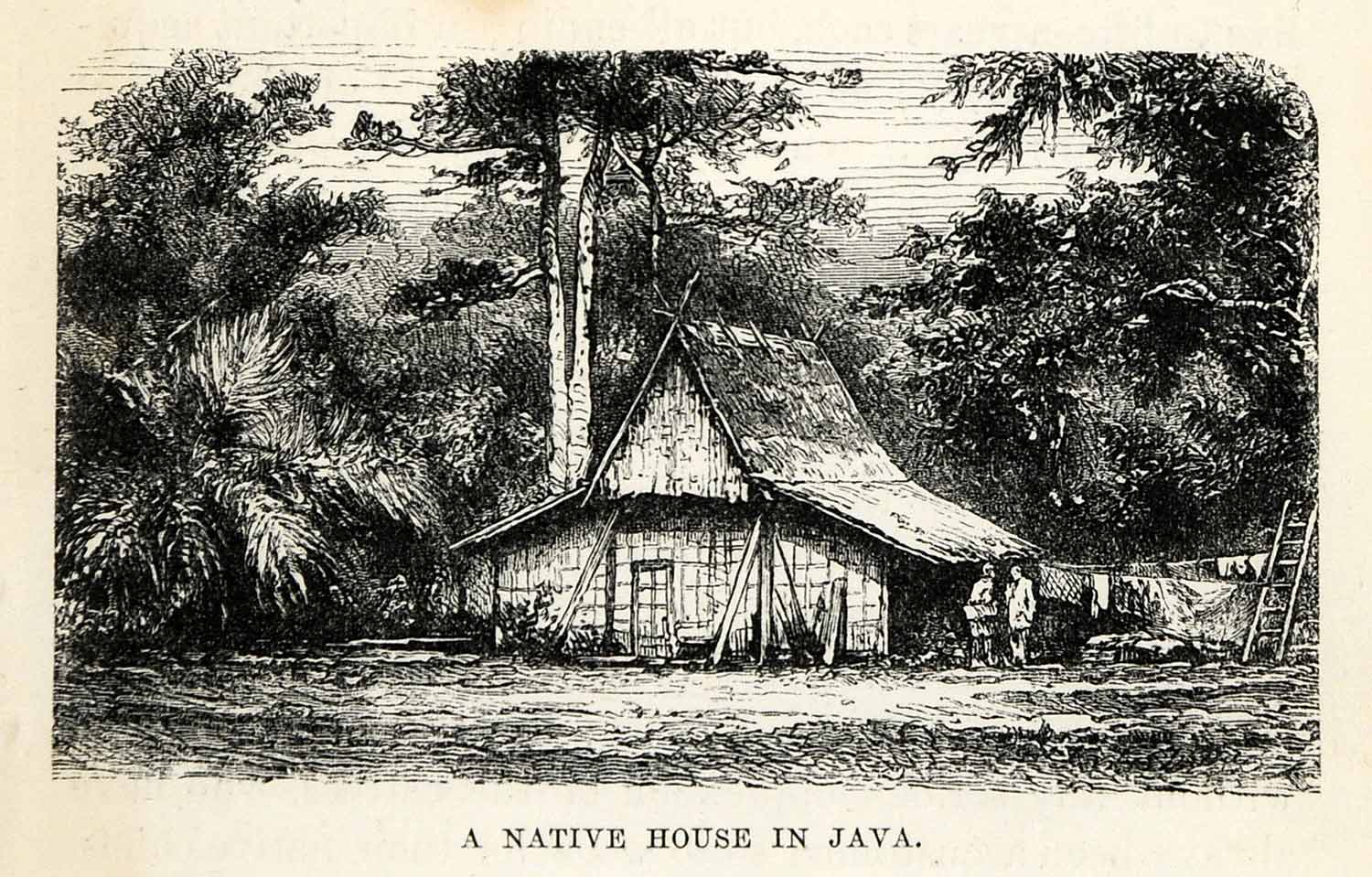 1879 Wood Engraving Java Indonesia Native House Home Indigenous People ...