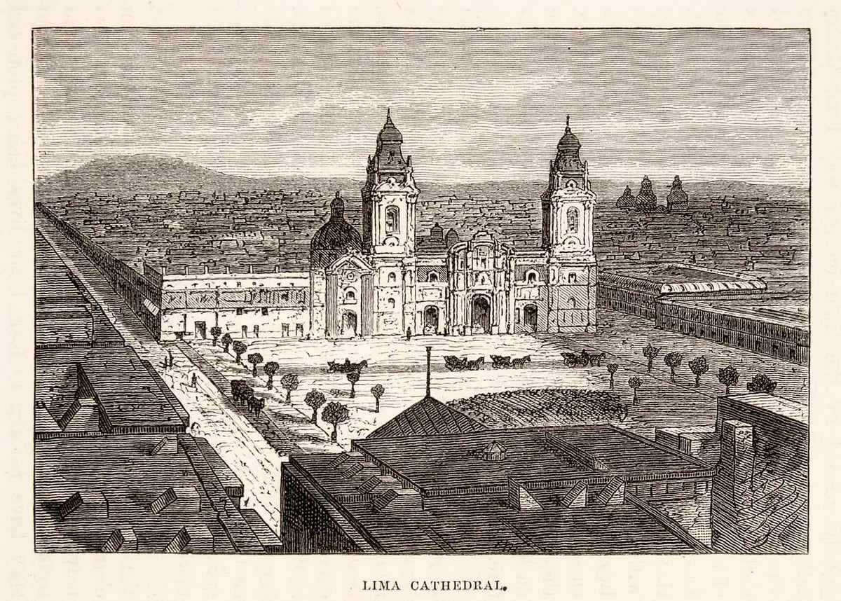1878 Wood Engraving Basilica Cathedral Lima Colonial Playa Mayor Lima ...