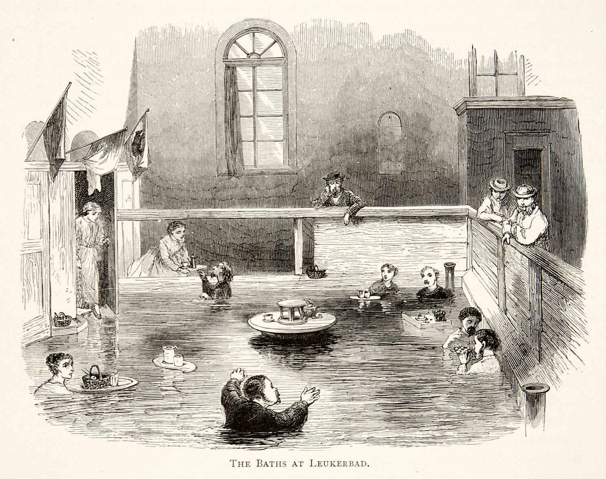1891 Wood Engraving Bathhouse Leukerbad Switzerland Spring Water Bath ...