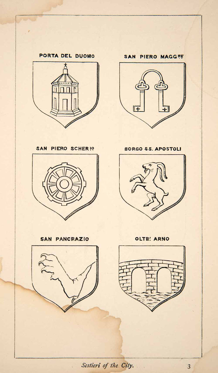 1884 Wood Engraving Florence Tuscany Italy Shield Heraldry Symbol Guil ...