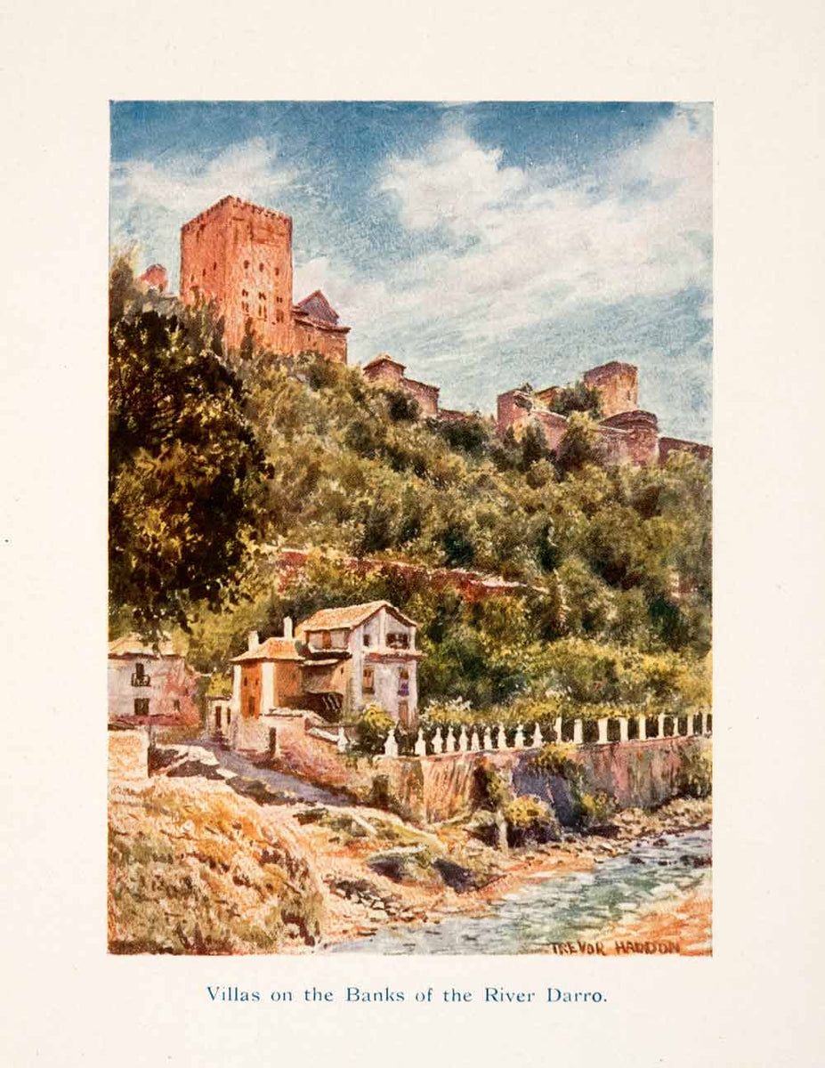 1908 Color Print Illustration Villas River Darro Trevor Haddon Granada ...