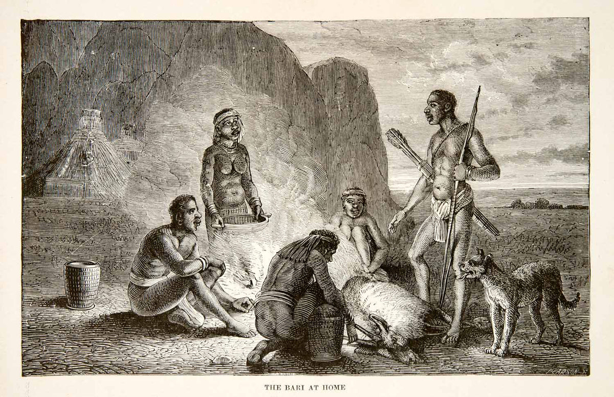 1884 Wood Engraving Nude Bari Tribe Sudan Nile Valley Africa Savanna B ...