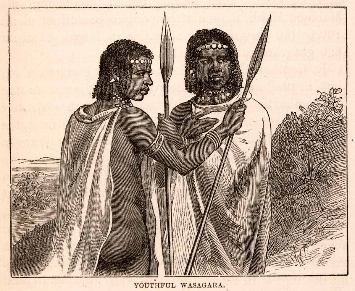 1872 Wood Engraving Africa Youth Young Wasagara Tribe Native Spear Hun ...