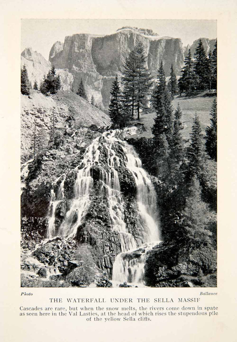 1928 Print Mountain Italy Cascade Waterfall Sella Massif Val Lasties X ...