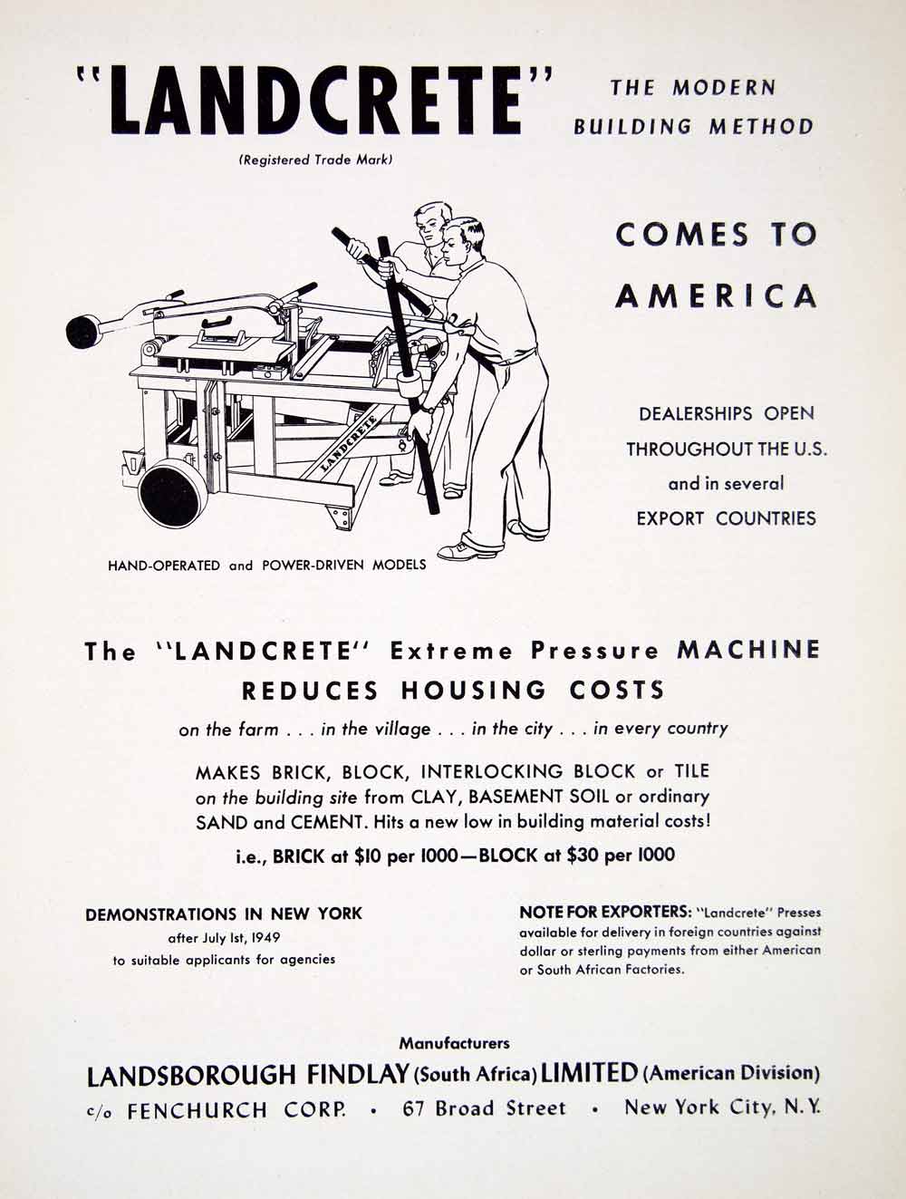 1949 Ad Landcrete Landsborough Findlay Limited Fenchurch Brick Cement ...