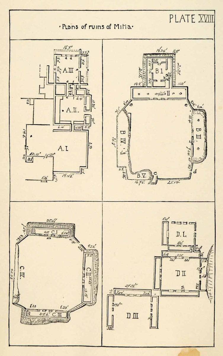 1895 Wood Engraving Zapotec Ruin Mitla Map Plan Oaxaca Mexico Mesoamer ...