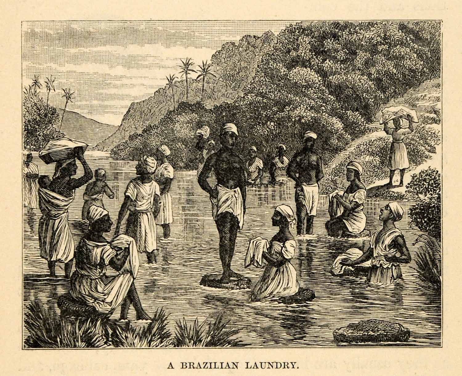 1888 Wood Engraving Brazilian Laundry River Wash Natives Costume Lands ...