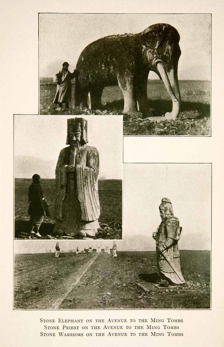 1909 Print Stone Elephant Priest Warrior Statue Ming Tombs Beijing Chi ...