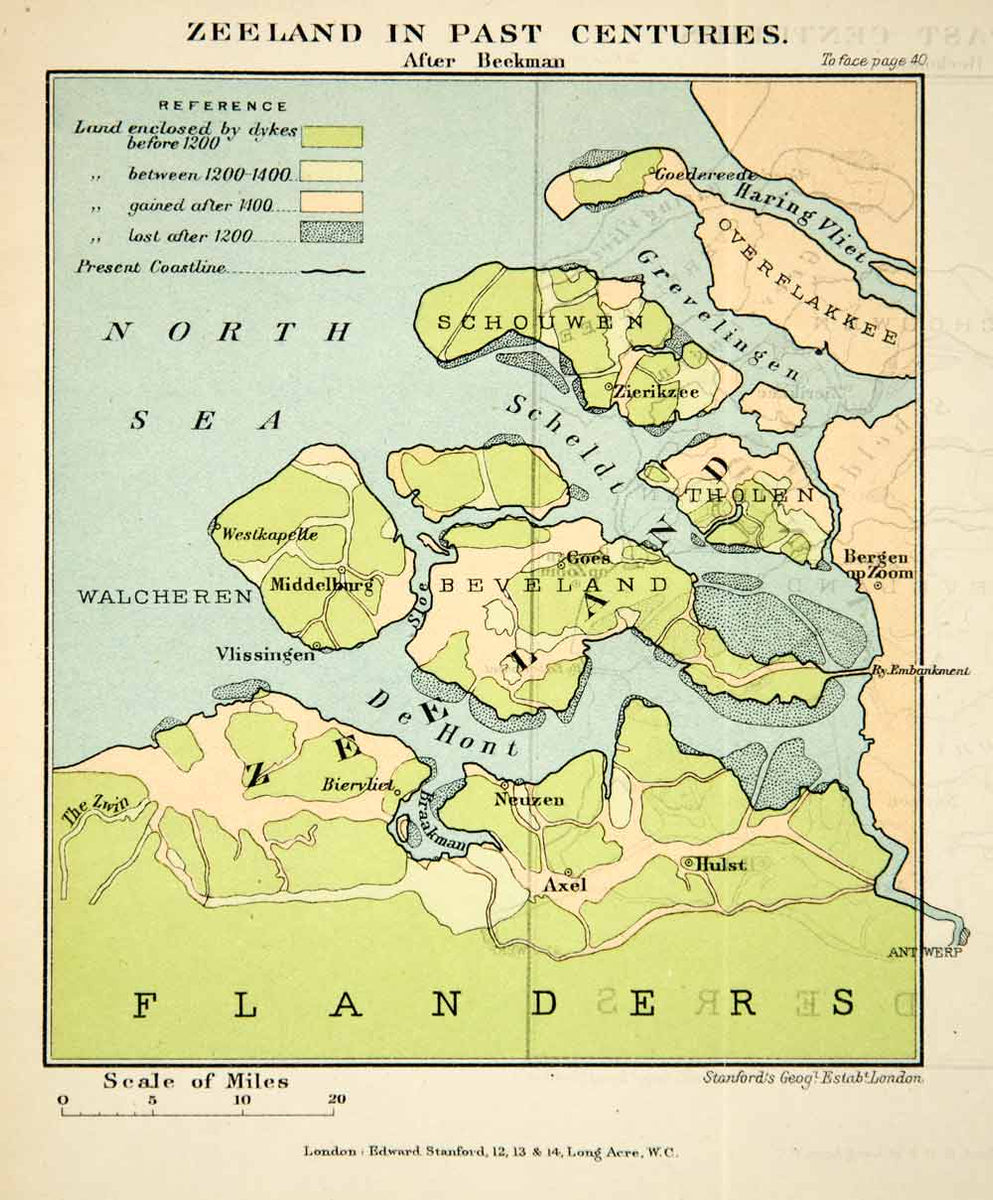 1902 Photolithographed Map Zeeland Netherlands Flanders North Sea Beve ...