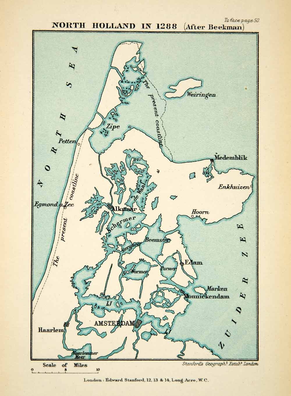 1902 Photolithographed Map North Holland Zuider Zee Amsterdam Alkmaar ...