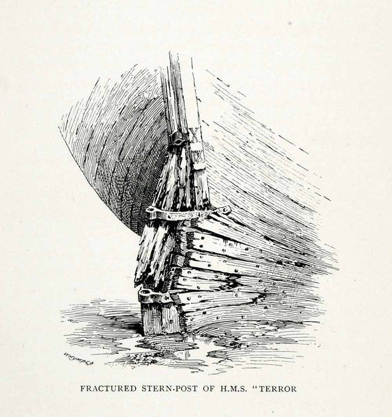 1907 Wood Engraving Expedition HMS Terror Warship Stern Post Royal Nav ...