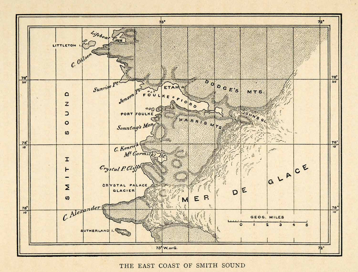 1907 Wood Engraving Smith Sound Map Arctic Sea Greenland Ellesmere Isl ...