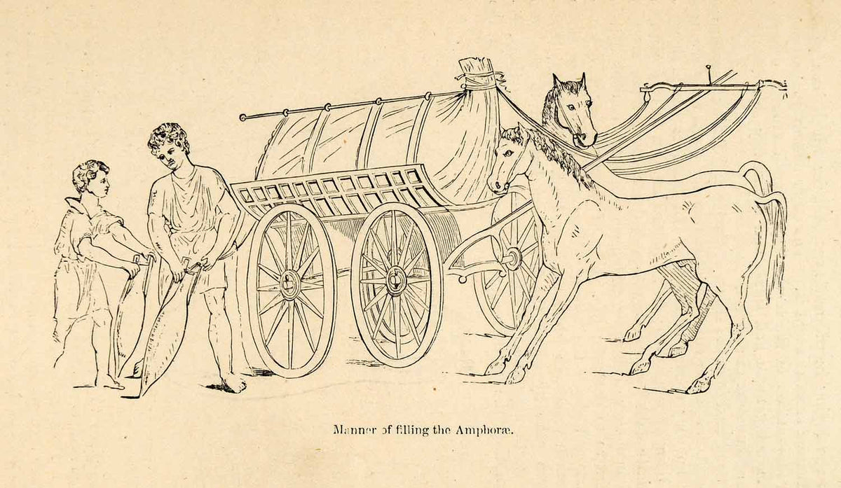 1871 Woodcut Amphorae Roman Wagon Horses Workers Pompeii Italy Ceramic ...