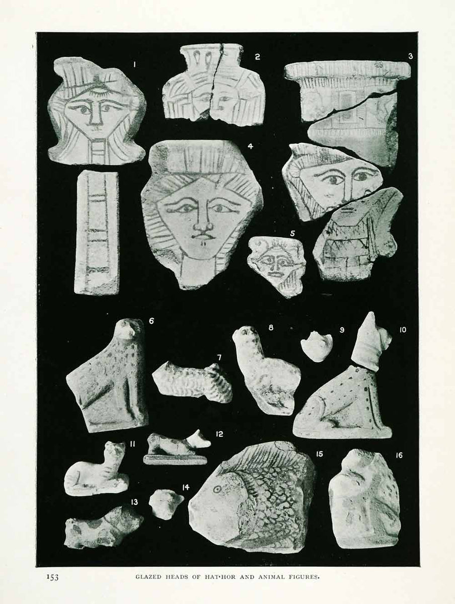 1906 Print Glazed Head Hathor Animal Figures Sinai Egypt Archeology An ...