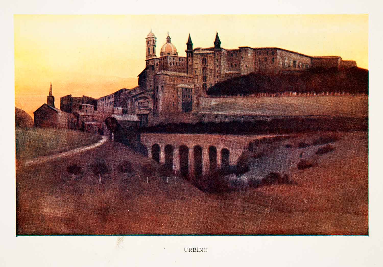 1927 Color Print Innes Meo Urbino Walled City Sunset Cityscape Marche ...