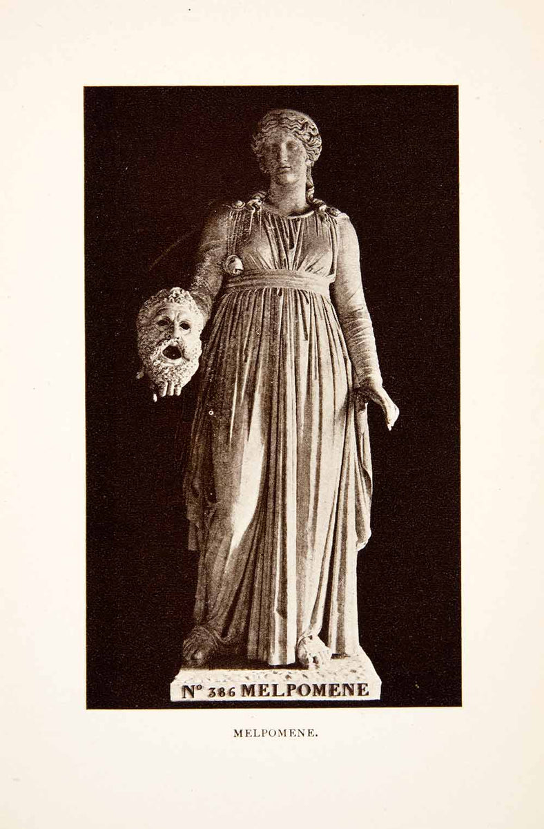 1907 Print Melpomene Muse Sing Tragedy Greek Myth Mask Sclupture Statu ...