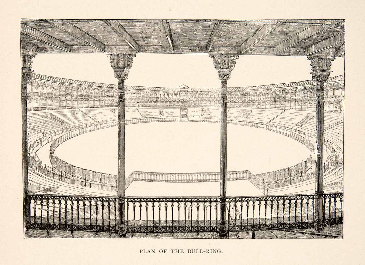 1883 Wood Engraving Plan Bull Ring Spain Arena Amphitheater Albero XGX ...