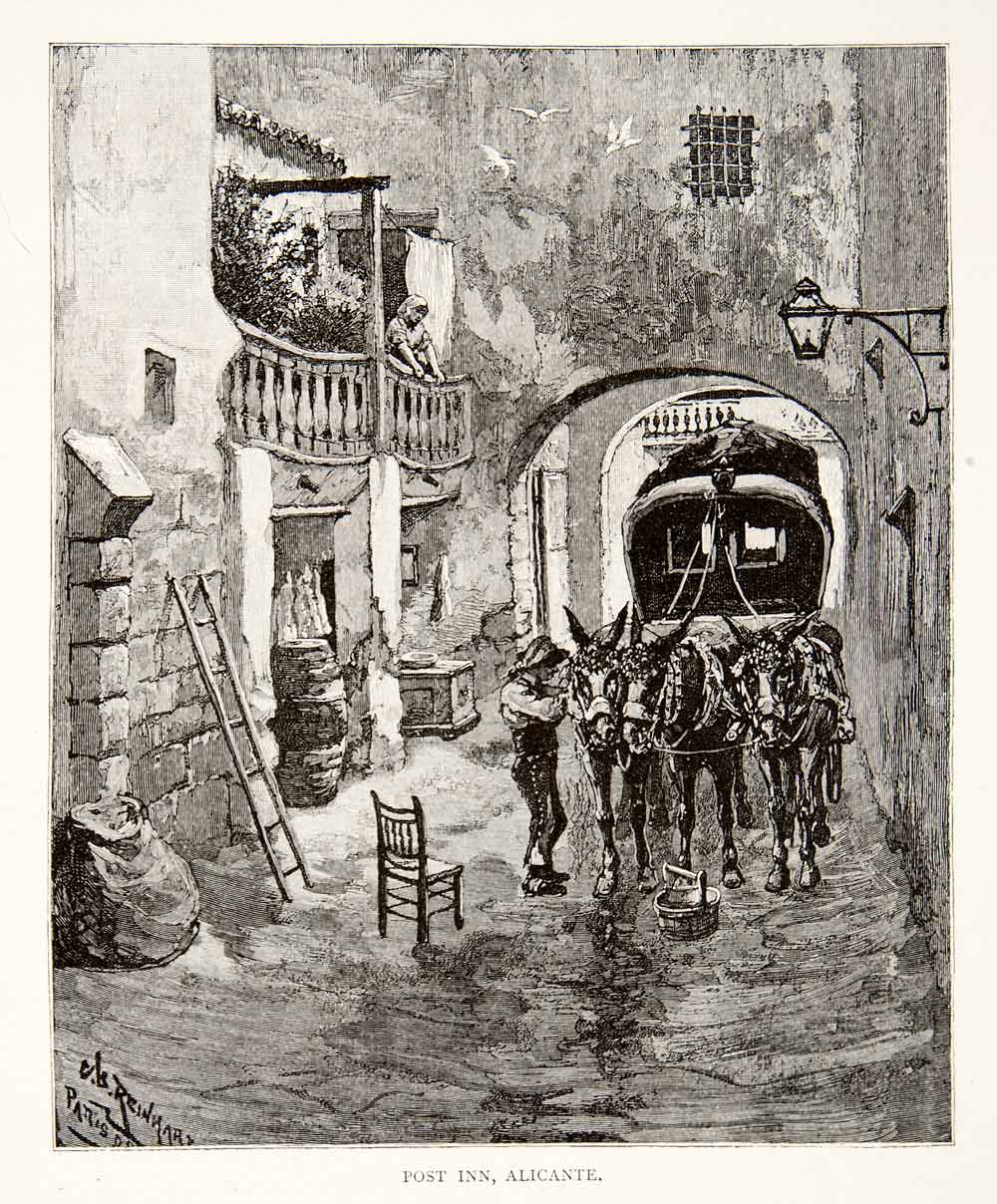 1883 Wood Engraving Post Office Inn Spain Donkey Stagecoach Reinhart X ...